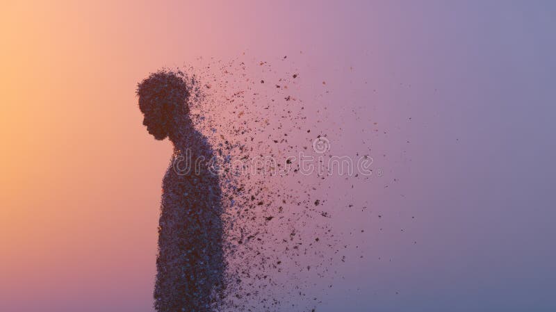 Silhouette of Disintegrating Person Against a Multicolored Gradient ...