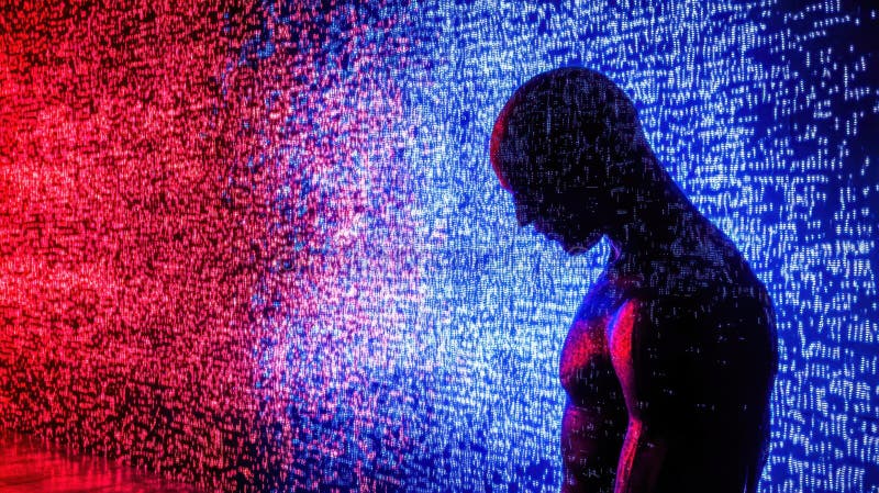 Silhouette Dissolving into Static and Glitch Patterns with Red and Blue ...