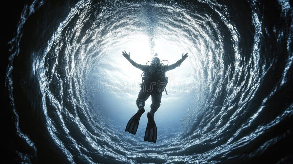 Silhouette of Diver Emerging from Deep Ocean Vortex Stock Image - Image ...
