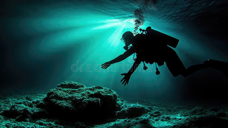 Silhouette of Diver Exploring Underwater Cave with Sunlight Beams Stock ...