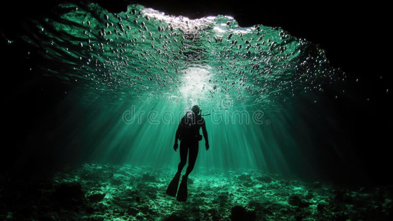 Silhouette of Diver Exploring Underwater Cave with Sunlight Rays Stock ...