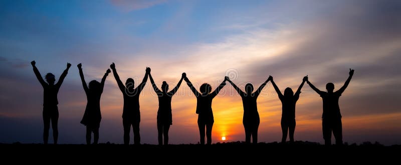 The Silhouette of a Diverse Group Celebrating Unity at Sunset.AI ...