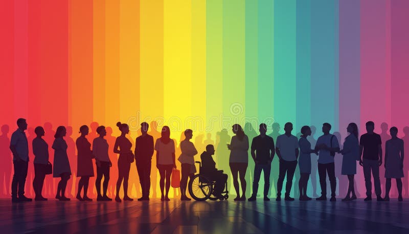 Silhouette of Diverse Group on Rainbow Background Stock Image - Image ...