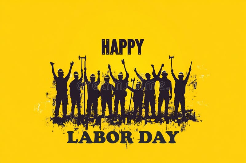 Silhouette of Diverse Workers Cheering, Tools Raised on Grunge Yellow ...