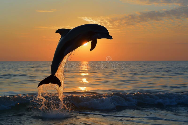 Silhouette of a Dolphin Jump at Sunset Near the Shore Stock Photo ...