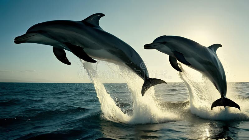 Silhouette of Dolphins Leap Out of the Water on the Sea Stock ...