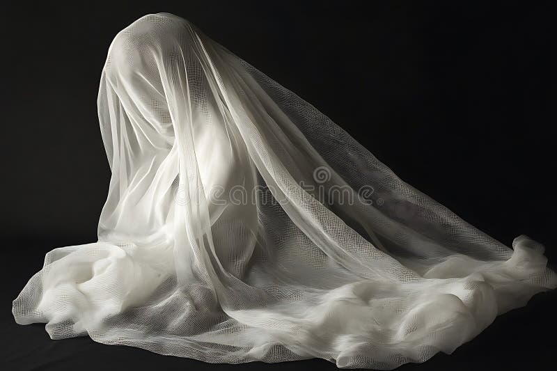Silhouette Draped in Flowing White Fabric, Seated on Dark Background ...