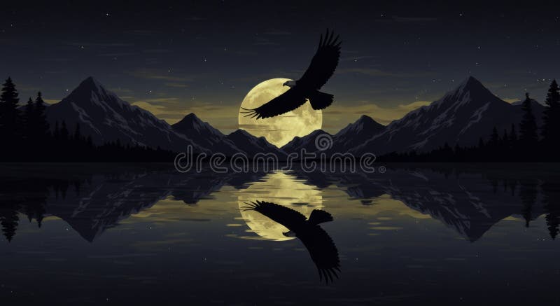 Majestic Eagle Soaring Over Moonlit Mountains and Serene Lake Stock ...