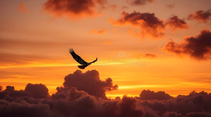 Silhouette of an Eagle Soaring Above Fiery Sunset Clouds - Dramatic Sky ...