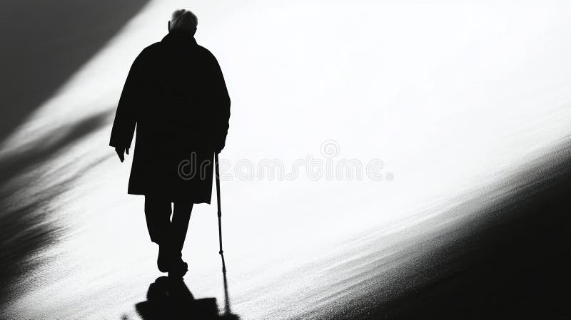 Silhouette of an Elderly Person Walking with a Cane on a Smooth Surface ...