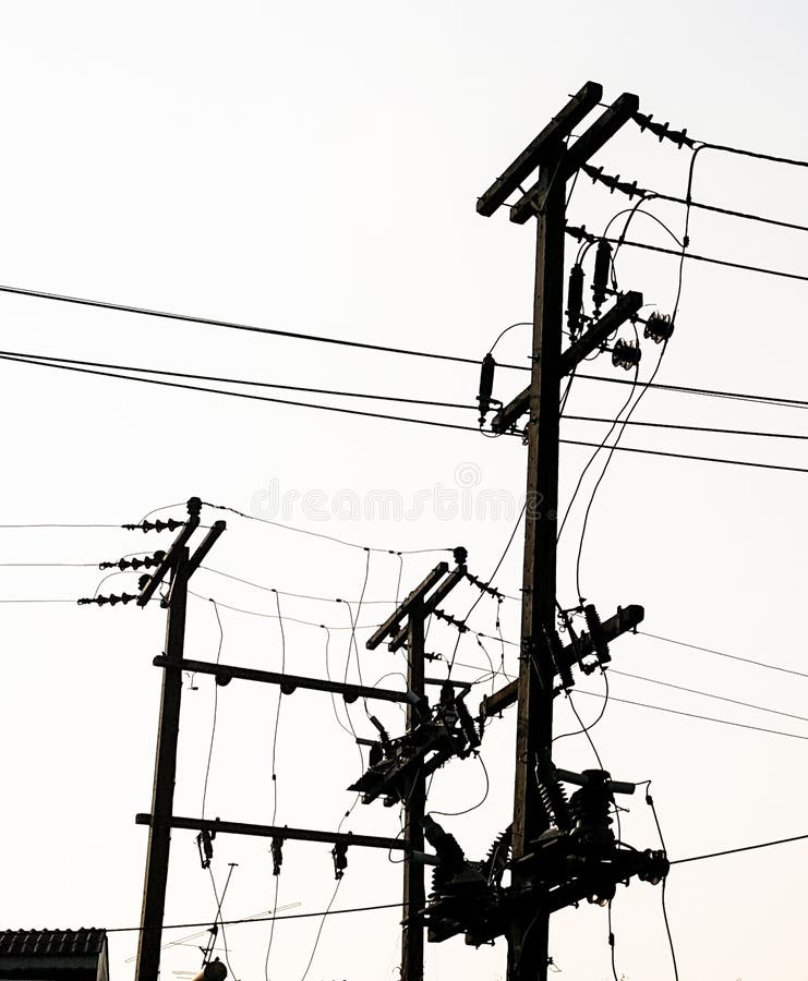 Silhouette of Electric Post and Cable on White Background. Stock Image ...