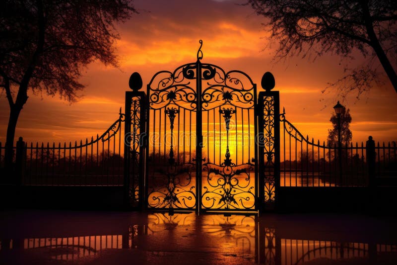 Silhouette of an Elegant Wrought Iron Gate at Sunset Stock Illustration ...