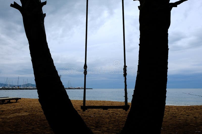 Silhouette Empty Tree Swing on Cloudy Sky Tropical Beach Background Stock Image - Image of ...