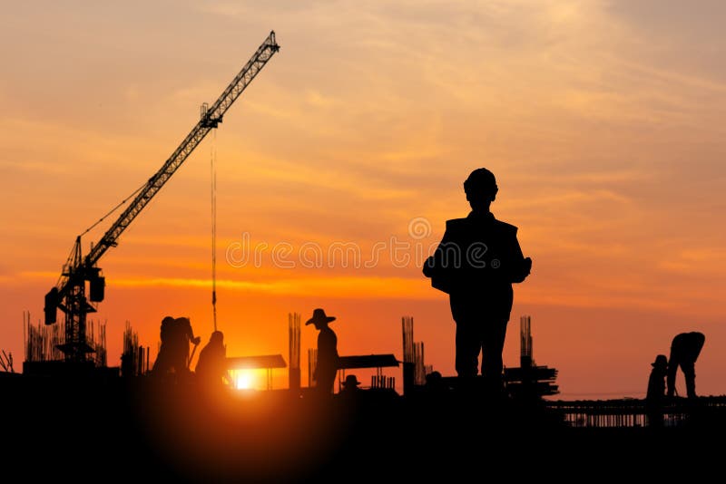 Silhouette of Engineer with Blueprint and Foreman Worker Team at ... Silhouette of Engineer with Blueprint and Foreman Worker Team at ...