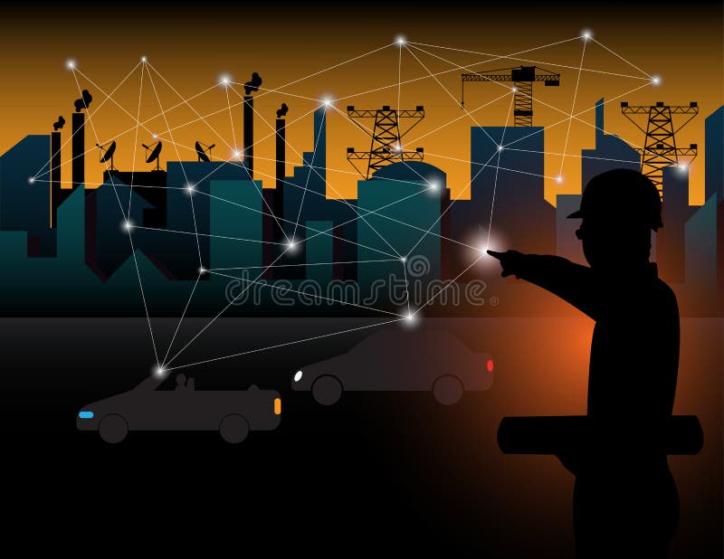 Silhouette Engineer Point To Project and Abstract Background Stock ...