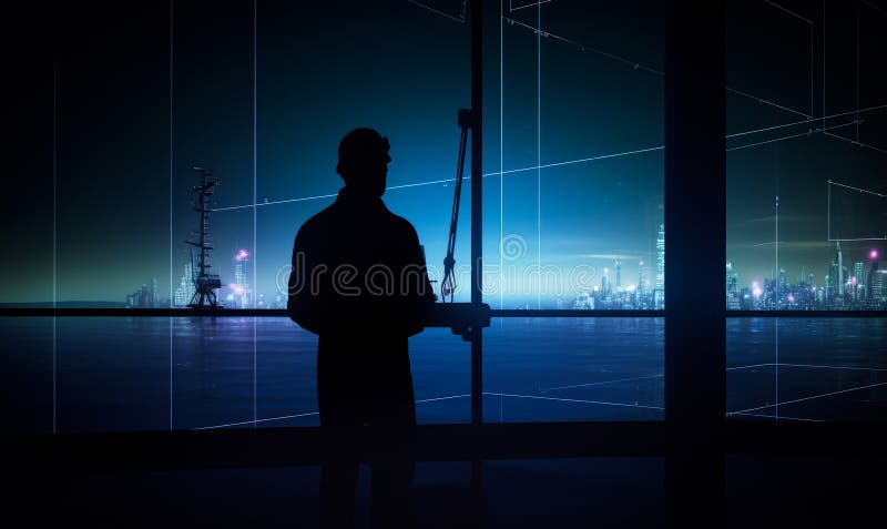 Silhouette of Engineer is Standing and Looking at the City in Night ...