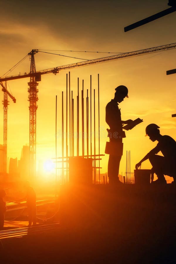Silhouette Engineer Worker Building Site Construction Site Sunset ...