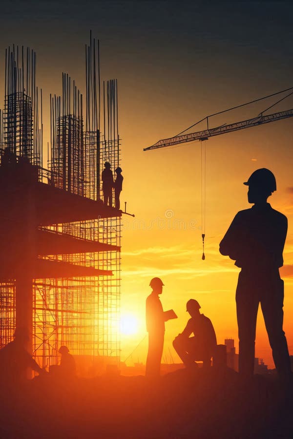 Silhouette Engineer Worker Building Site Construction Site Sunset ...