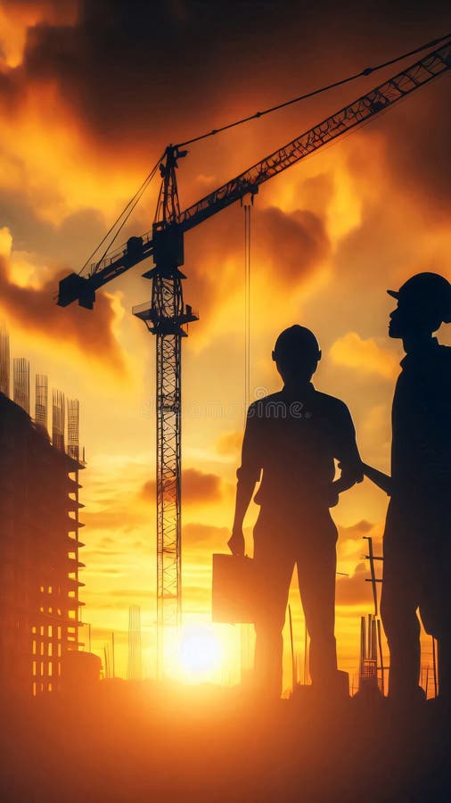 Silhouette Engineer Worker Building Site Construction Site Sunset ...