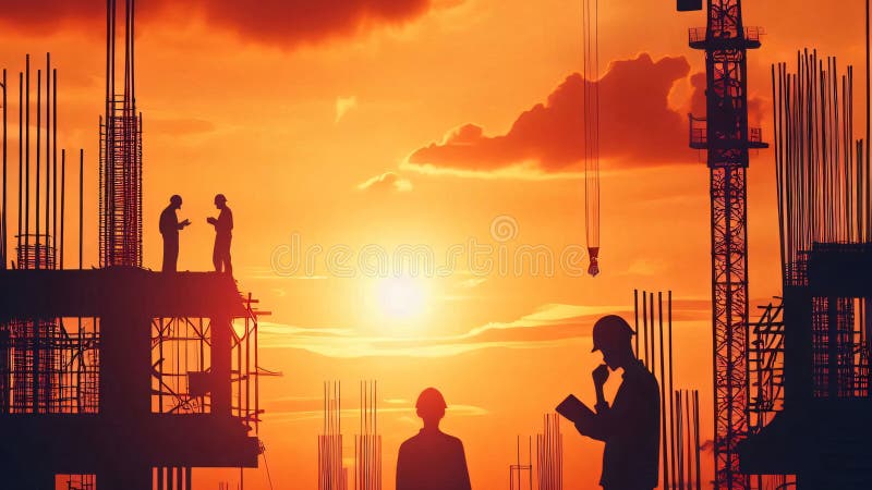 Silhouette Engineer Worker Building Site Construction Site Sunset ...