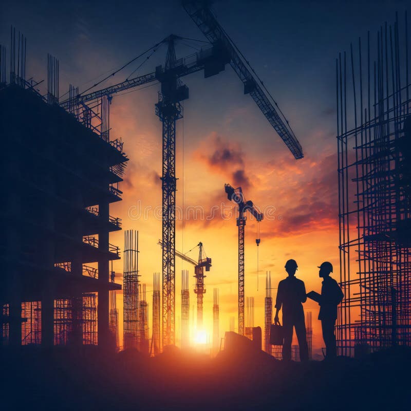 Silhouette Engineer Worker Building Site Construction Site Sunset ...