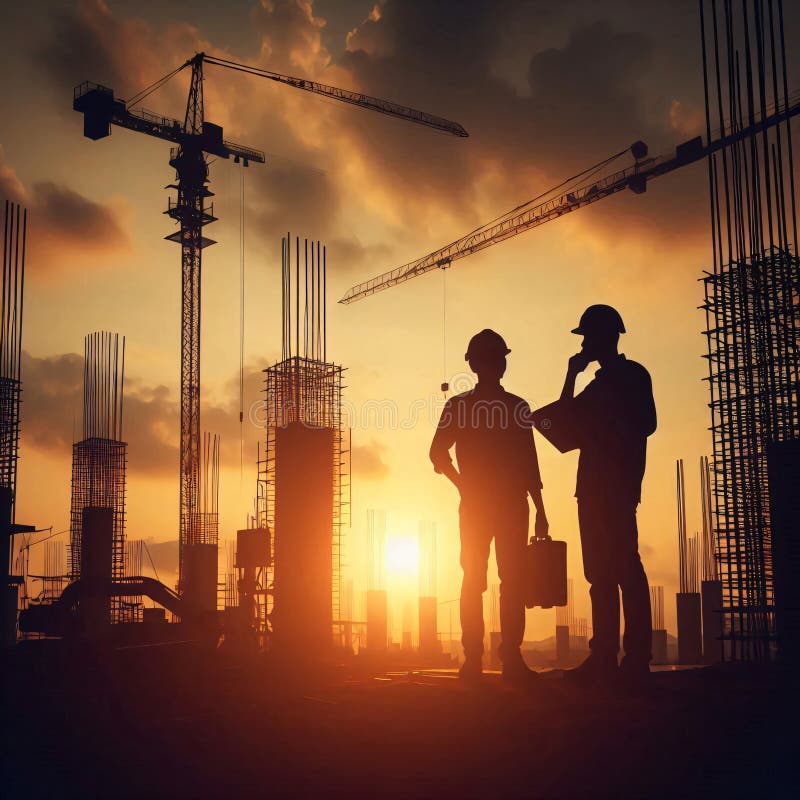 Silhouette Engineer Worker Building Site Construction Site Sunset ...