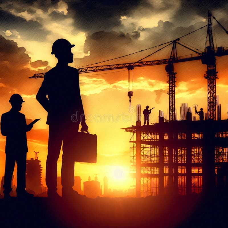 Silhouette Engineer Worker Building Site Construction Site Sunset ...