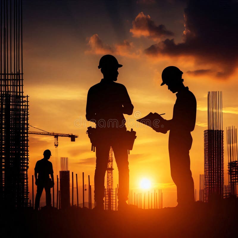 Silhouette Engineer Worker Building Site Construction Site Sunset ...