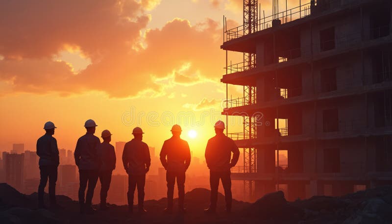 Silhouette of Engineers Construction Workers Inspecting Project on ...