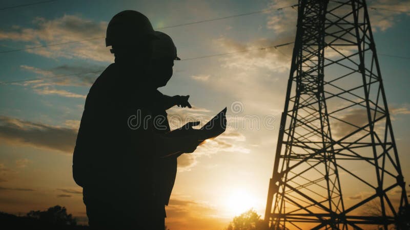 Silhouette of Engineers Looks at the Construction of High-voltage Power ...