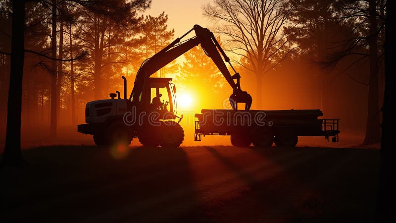 Excavator Loading Logs Onto Trailer in Forest at Sunrise Stock ...