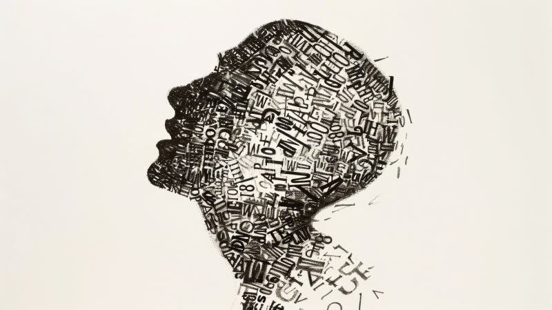 Silhouette of a Face Composed of a Dynamic Collage of Letters and ...
