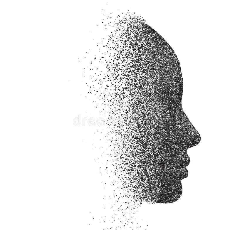 Silhouette of a Face Disintegrating into Particles Against a White ...