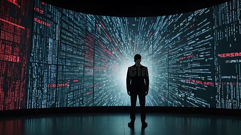 Silhouette Facing Futuristic Data Visualization Screen, Businessman ...