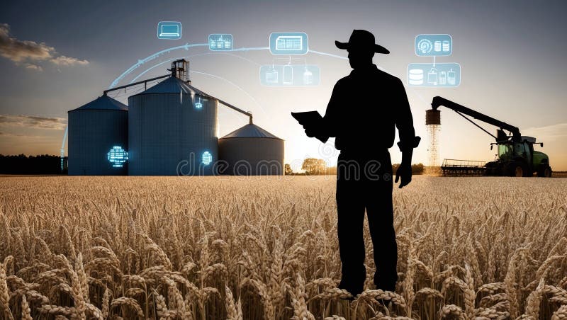 Silhouette of a Farmer with High-tech Grain Storage Visuals in Double ...