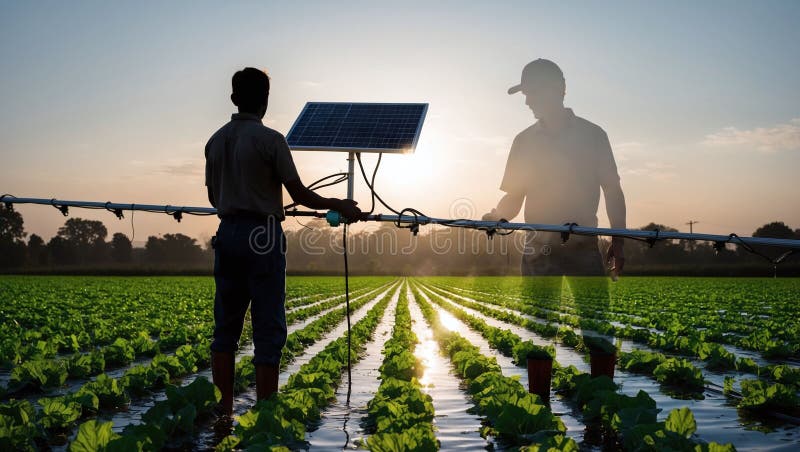Silhouette of a Farmer with a Solar-powered Irrigation System Layered ...