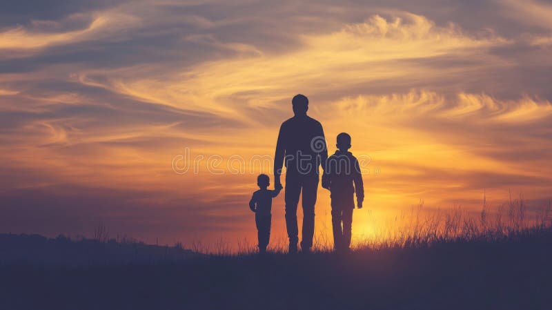 Silhouette of a Father and His Two Sons Walking Together during a ...