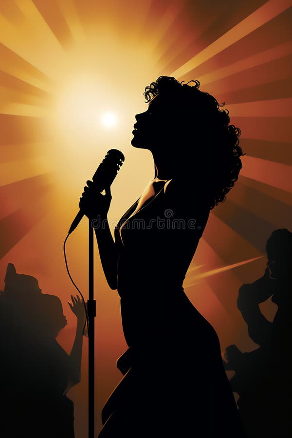 Silhouette of a Female Diva Vocalist Singing with a Microphone Stock ...