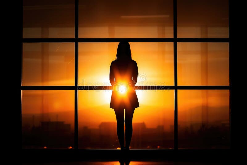 Silhouette of a Female at Sunset with Orange and Black Window View ...