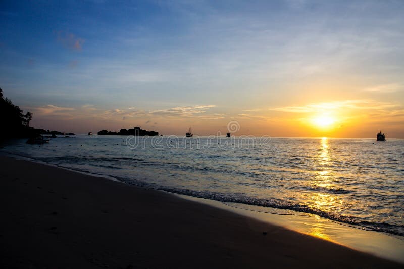 Silhouette of Ferry on Sunlise at Similand, Thailand in Summer Stock ...
