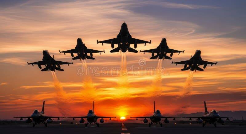 Silhouette of Fighter Jets Taking Off and Flying in Formation at ...