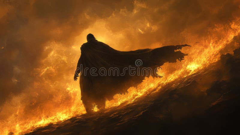 Silhouette Figure in Cape Walking through Fiery Inferno Stock ...