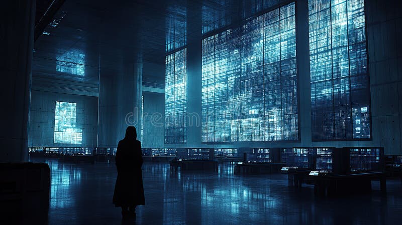 Silhouette Figure in Dark Futuristic Library Stock Illustration ...