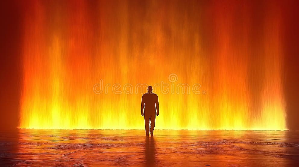 Silhouette Figure Facing Fiery Wall Stock Illustration - Illustration ...