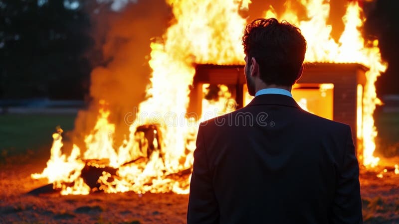 Silhouette of a Figure in Formal Attire Observing an Intense Fire ...