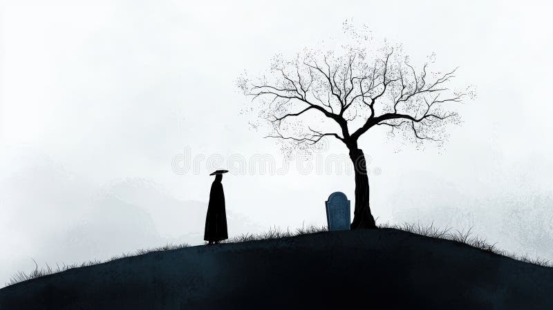 Silhouette of a Figure beside a Grave Under a Bare Tree on a Misty Hill ...