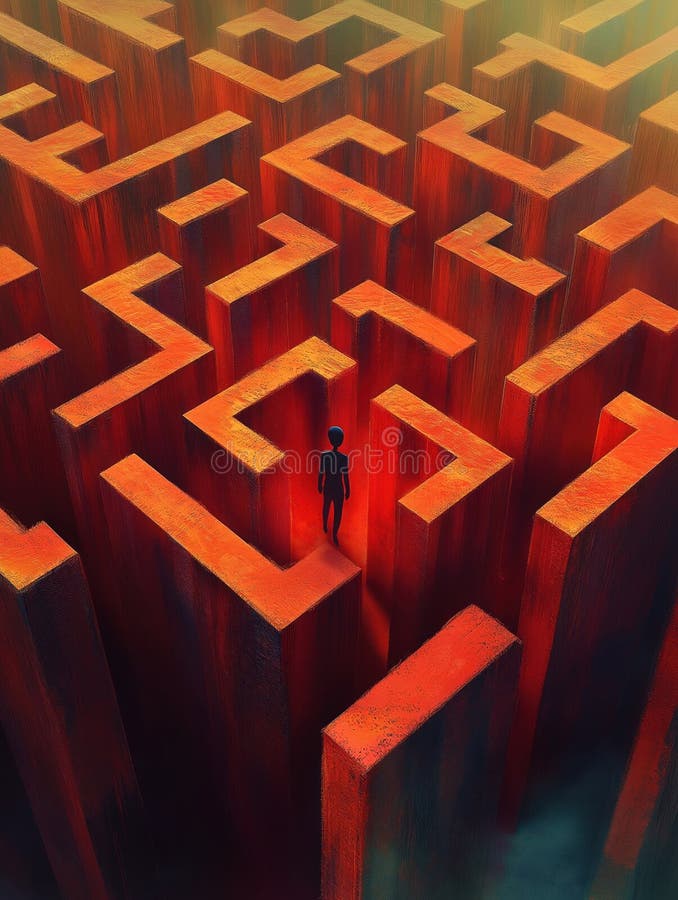 Silhouette Figure Navigates Complex Maze. Abstract Art Style. Pathway ...