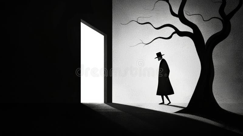 Silhouette Figure Near a Door with Tree Dramatic Shadow and Light ...