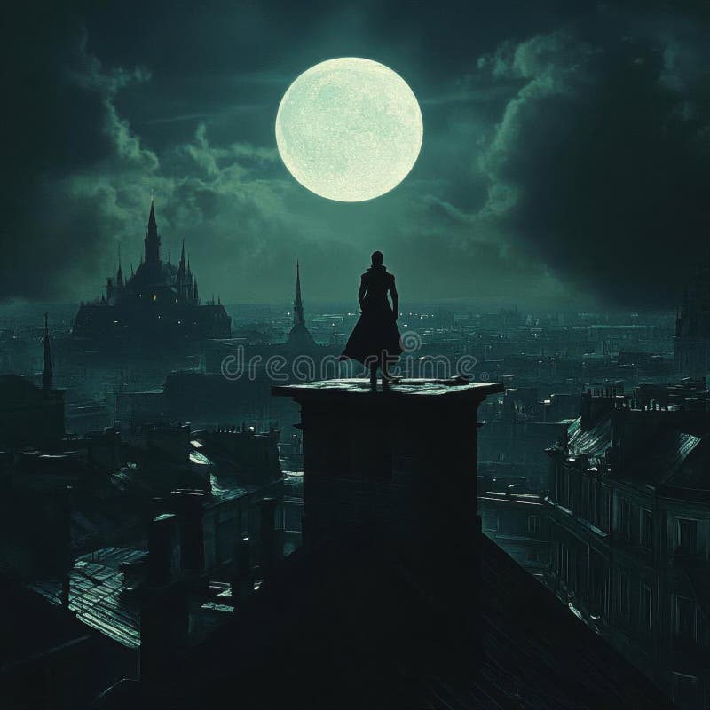 Silhouette of a Figure on a Rooftop Under a Full Moon Stock ...
