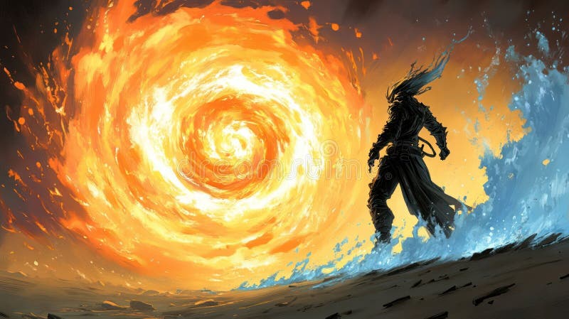 A Silhouette of a Figure Stands before a Swirling Fire and Water Vortex ...
